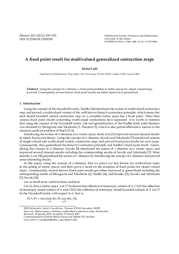 Pdf A Fixed Point Result For Multivalued Generalized Contraction Maps