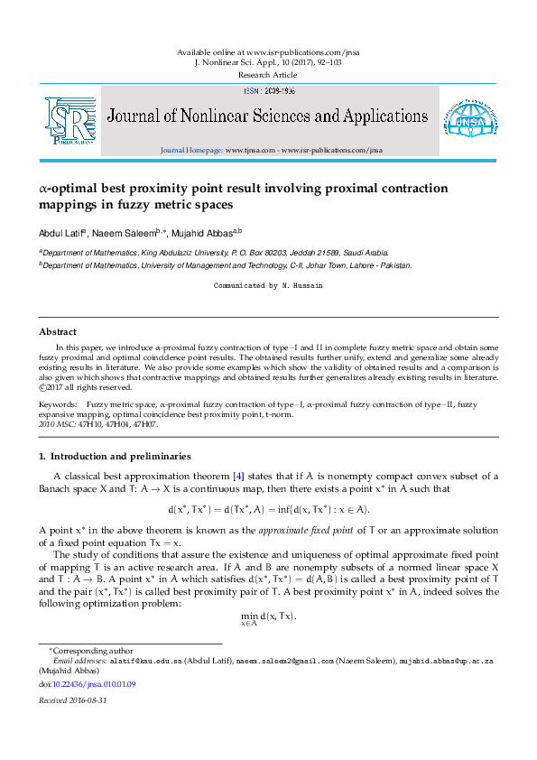 (PDF) Alpha-Optimal Best Proximity Point Result Involving Proximal Contraction Mappings in Fuzzy ...