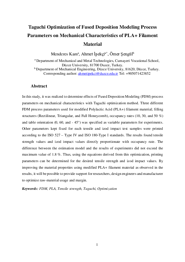 (PDF) Taguchi Optimization of Fused Deposition Modeling Process Parameters on Mechanical ...