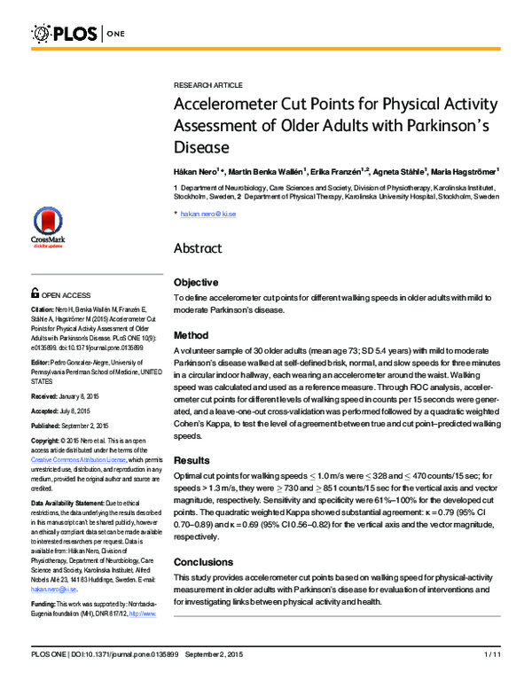 (PDF) Accelerometer Cut Points for Physical Activity Assessment of Older Adults with Parkinson’s ...
