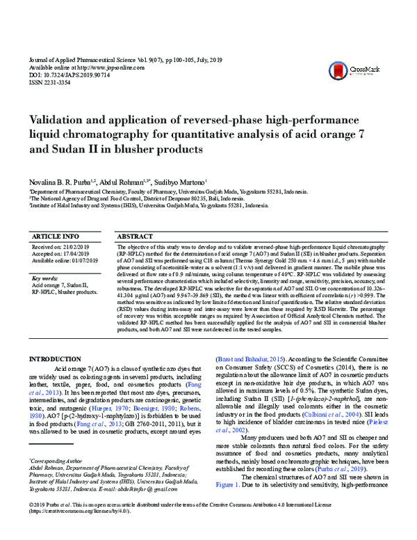 Pdf Validation And Application Of A Reversed Phase Hplc Method For The Determination Of