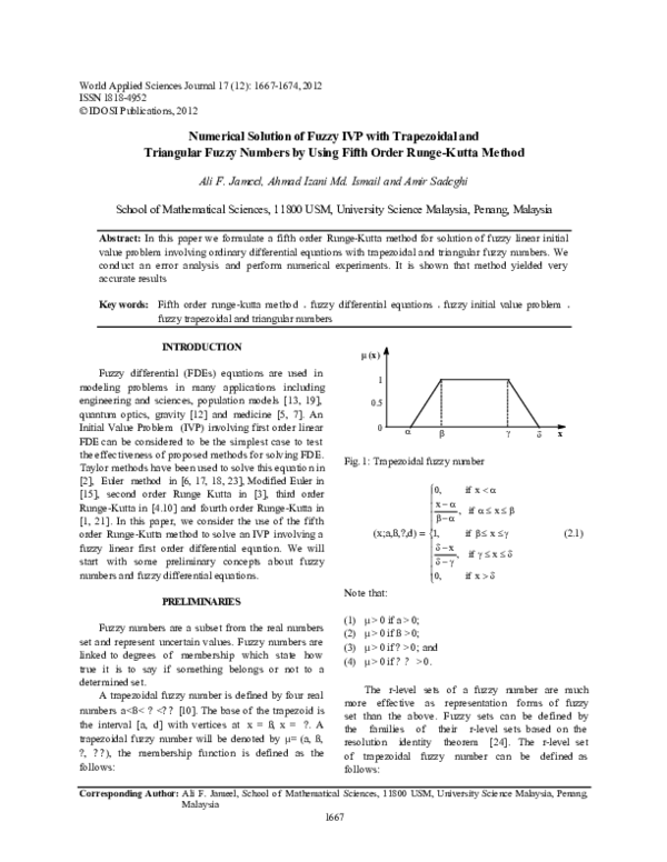 (PDF) Numerical Solution of Fuzzy IVP with Trapezoidal and Triangular Fuzzy Numbers by Using ...