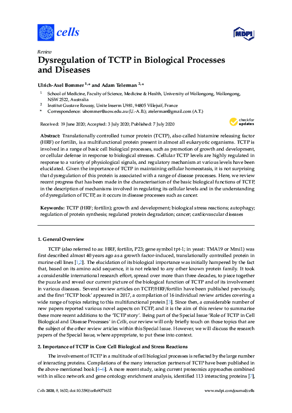 Dysregulation of TCTP in Biological Processes and Diseases