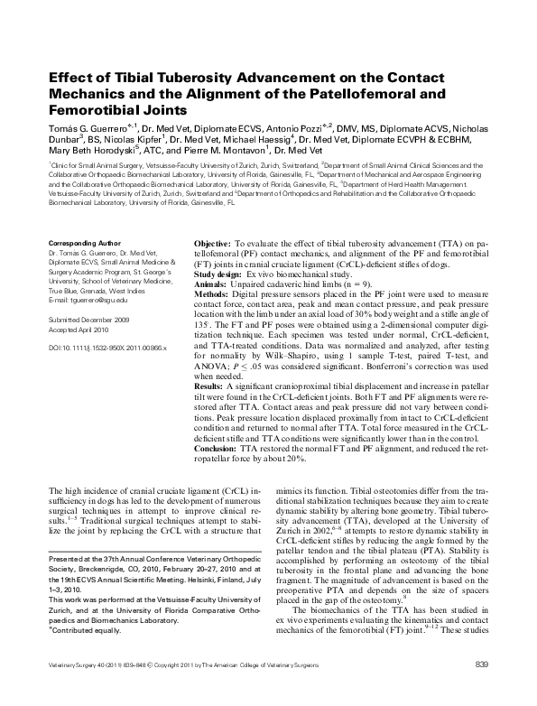 (PDF) Effect of Tibial Tuberosity Advancement on the Contact Mechanics and the Alignment of the ...