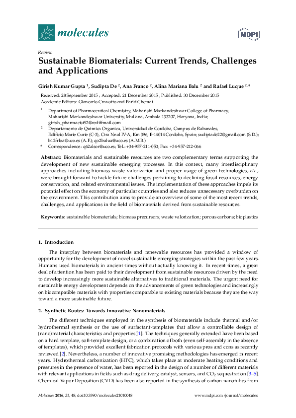 (PDF) Sustainable Biomaterials: Current Trends, Challenges and Applications