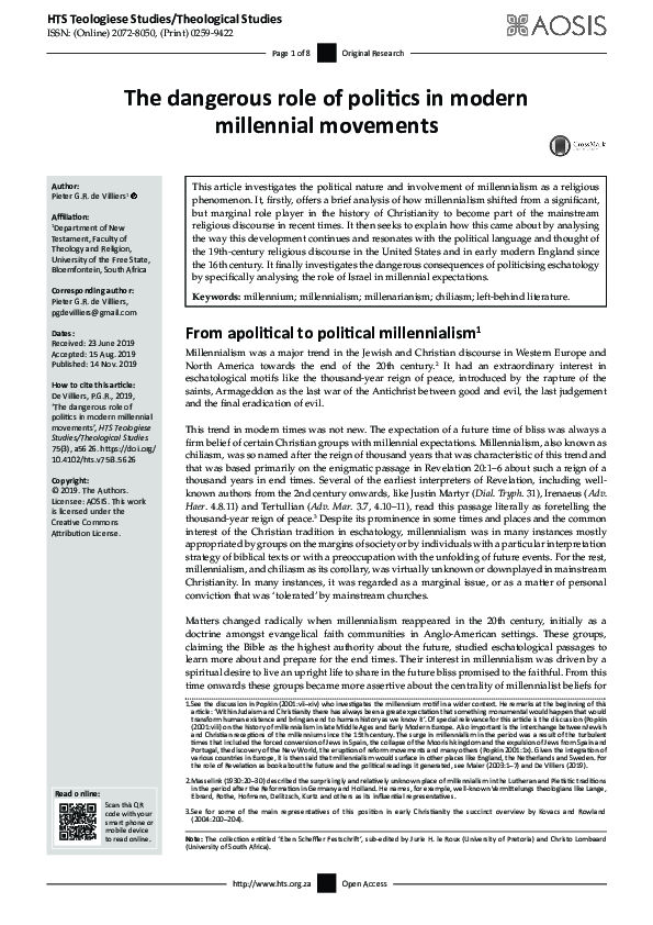 (PDF) The dangerous role of politics in modern millennial movements