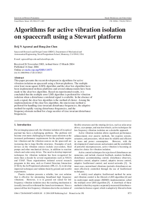 Pdf Algorithms For Active Vibration Isolation On Spacecraft Using A