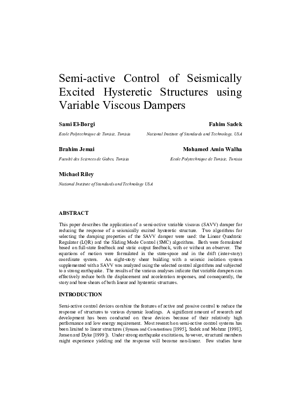 Pdf Semi Active Control Of Seismically Excited Hysteretic Structures Using Variable Viscous