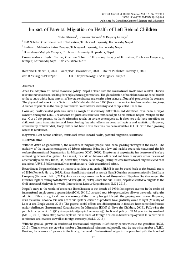 (PDF) Impact of Parental Migration on Health of Left Behind Children