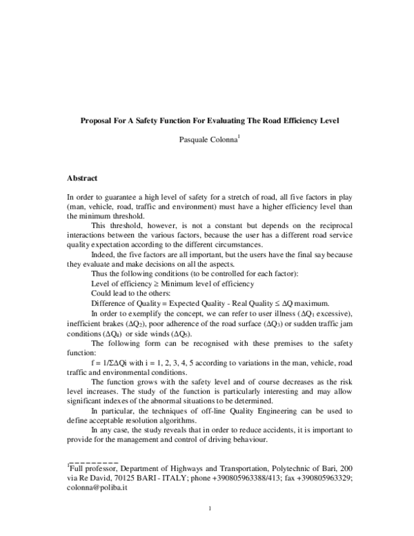 (PDF) Proposal for a Safety Function for Evaluating the Road Efficiency ...