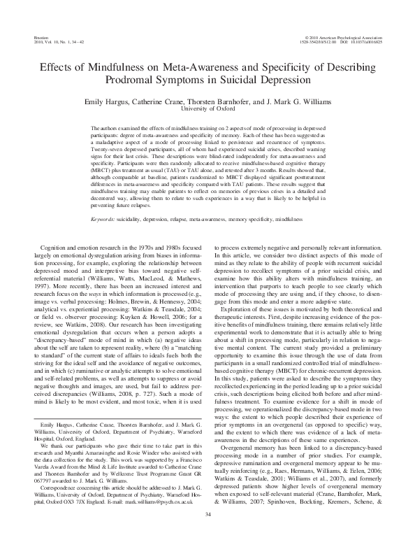 (PDF) Effects of mindfulness on meta-awareness and specificity of ...