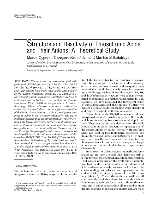 (PDF) Structure and reactivity of thiosulfonic acids and their anions ...