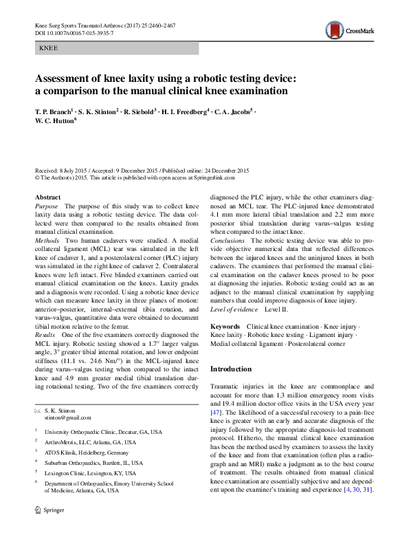 (PDF) Assessment of knee laxity using a robotic testing device: a ...