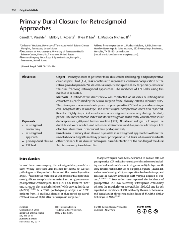 (PDF) Primary Dural Closure for Retrosigmoid Approaches