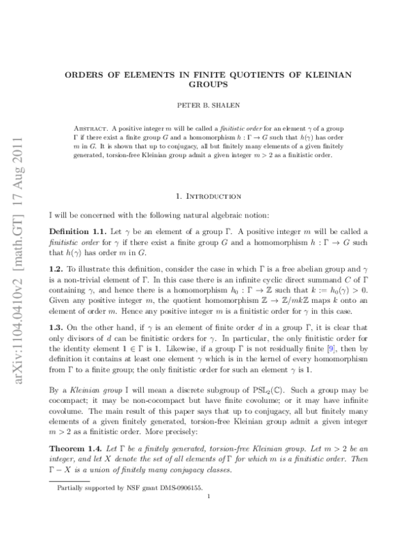 (PDF) Orders of elements in finite quotients of Kleinian groups