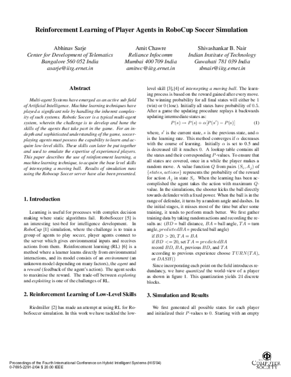 (PDF) Reinforcement Learning of Player Agents in RoboCup Soccer Simulation