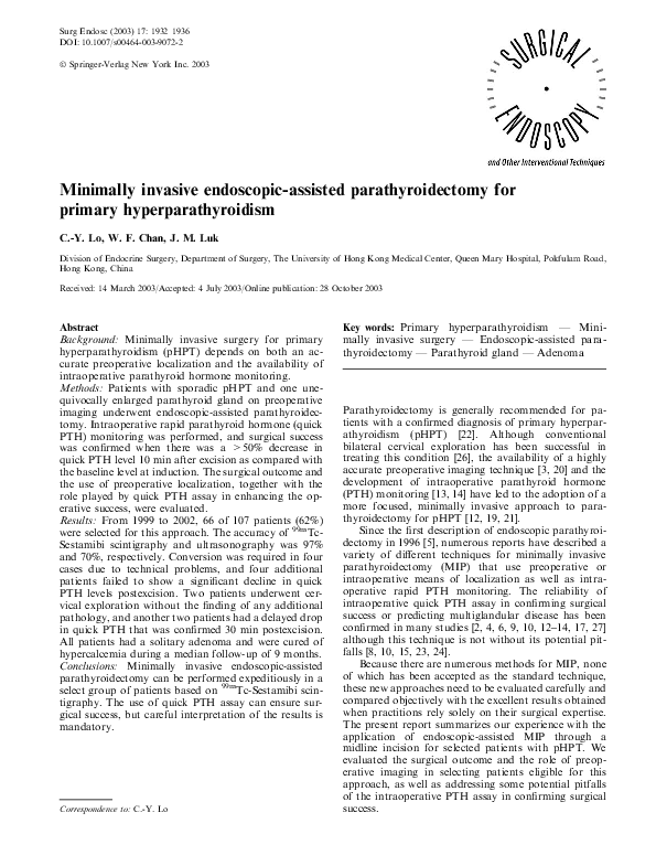 (PDF) Minimally invasive endoscopic-assisted parathyroidectomy for ...