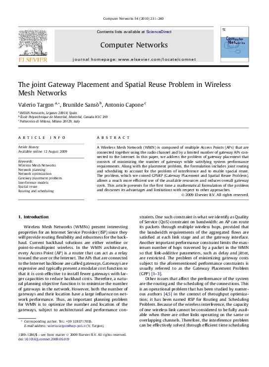 (PDF) The joint Gateway Placement and Spatial Reuse Problem in Wireless Mesh Networks