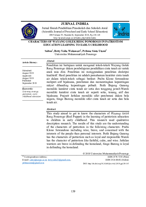 (PDF) Characters of Wayang Golek Reog Ponorogo in Patriotism Education ...