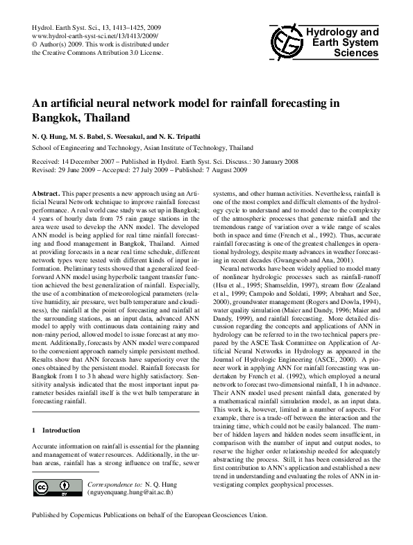 Pdf An Artificial Neural Network Model For Rainfall Forecasting In Bangkok Thailand