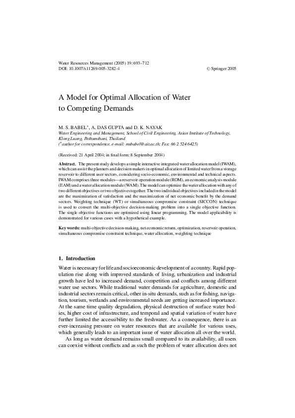 (PDF) A Model for Optimal Allocation of Water to Competing Demands