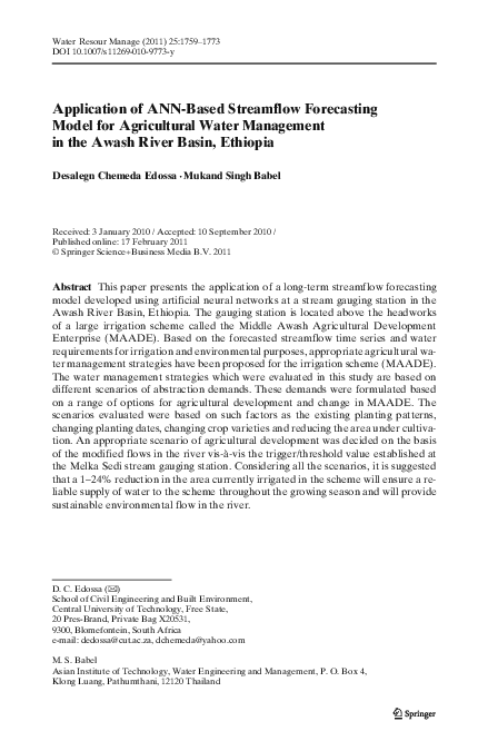 Pdf Application Of Ann Based Streamflow Forecasting Model For