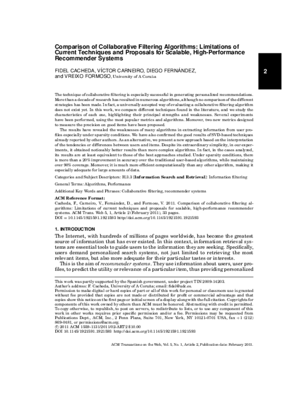 Pdf Comparison Of Collaborative Filtering Algorithms