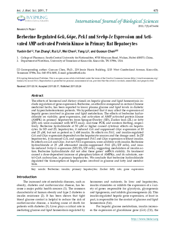 (PDF) Berberine regulated Gck, G6pc, Pck1 and Srebp-1c expression and ...