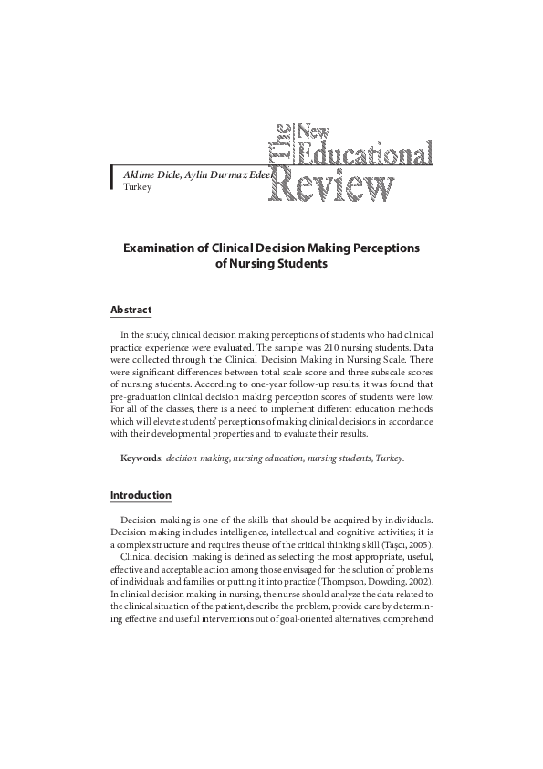 (PDF) Examination of Clinical Decision Making Perceptions of Nursing Students