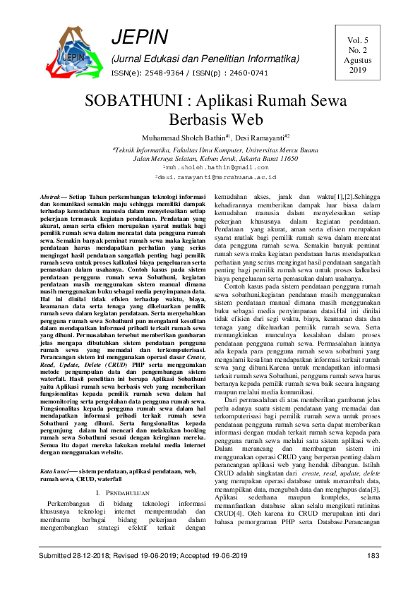 (PDF) SOBATHUNI : Aplikasi Rumah Sewa Berbasis Web