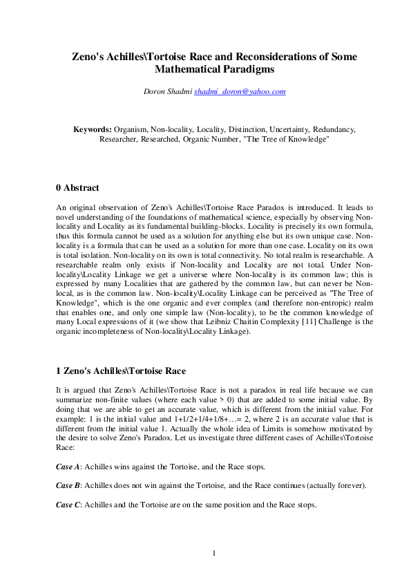 (PDF) Zeno's Achilles\ Tortoise Race and Reconsiderations of Some ...