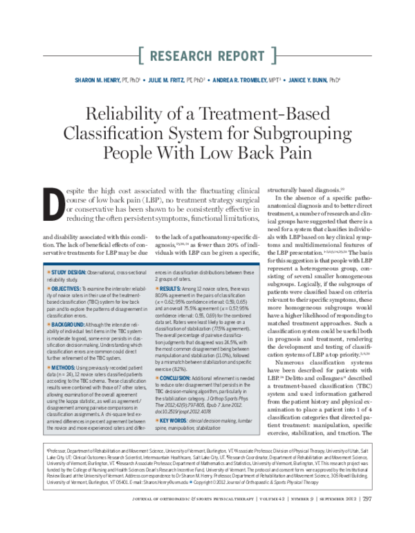 (PDF) Reliability of a Treatment-Based Classification System for ...