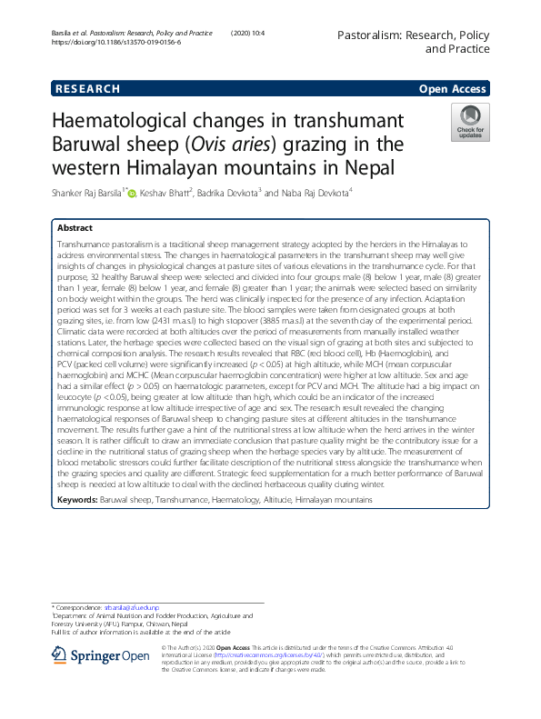 (PDF) Haematological changes in transhumant Baruwal sheep (Ovis aries ...