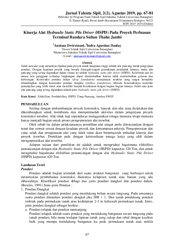 (PDF) Kinerja Alat Hydraulic Static Pile Driver (HSPD) Pada Proyek ...