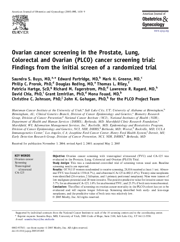 (PDF) Ovarian cancer screening in the Prostate, Lung, Colorectal and ...