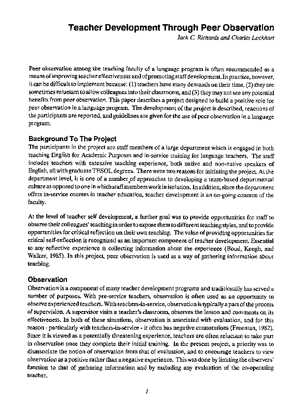 (PDF) Teacher development through peer observation