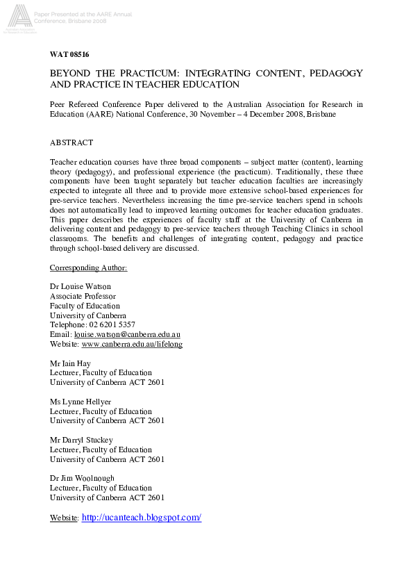 (PDF) Beyond the practicum: integrating content, pedagogy and practice in teacher education