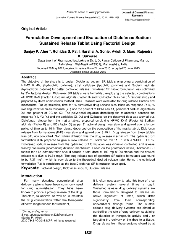 Pdf Formulation Development And Evaluation Of Diclofenac Sodium Sustained Release Tablet Using
