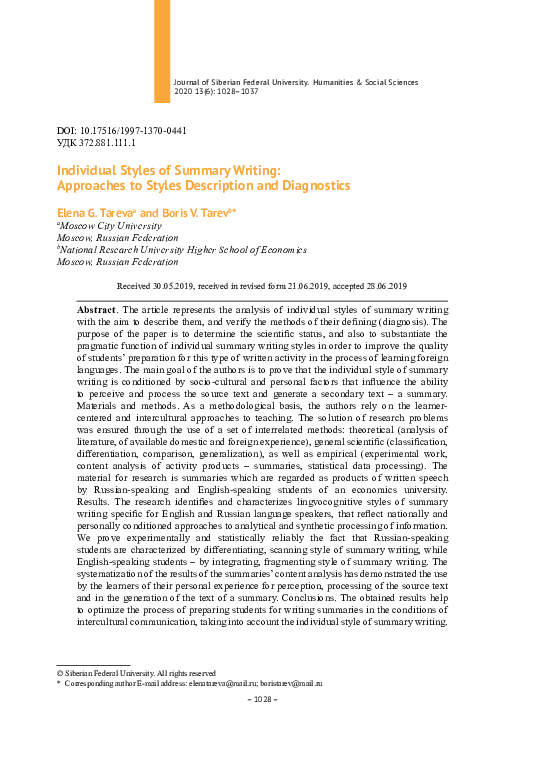 (PDF) Individual Styles of Summary Writing: Approaches to Styles ...