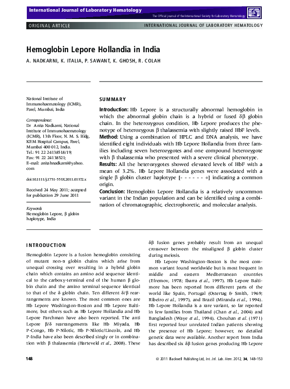 (PDF) Hemoglobin Lepore Hollandia in India