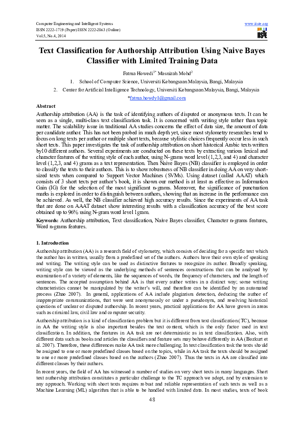 (PDF) Text Classification for Authorship Attribution Using Naive Bayes Classifier with Limited ...