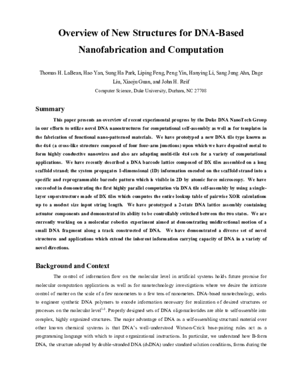 Pdf Overview Of New Structures For Dna Based Nanofabrication And Computation