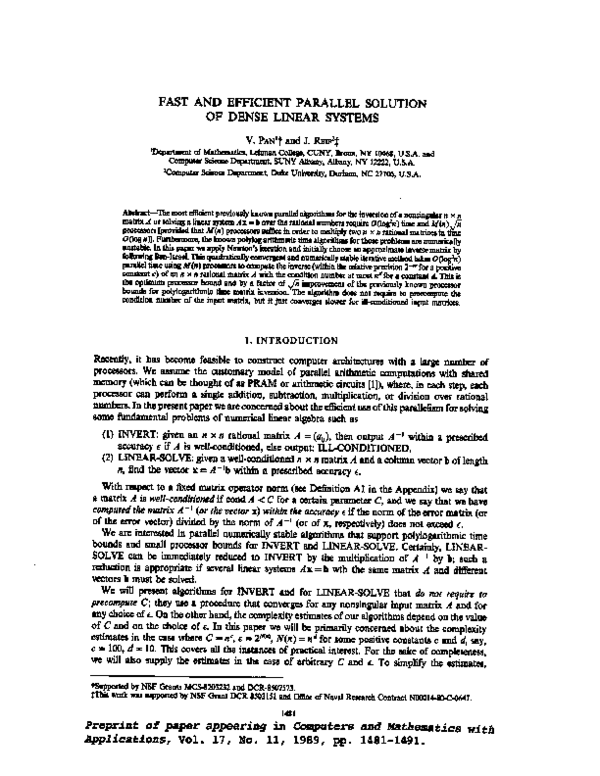 Pdf Fast And Efficient Parallel Solution Of Dense Linear Systems
