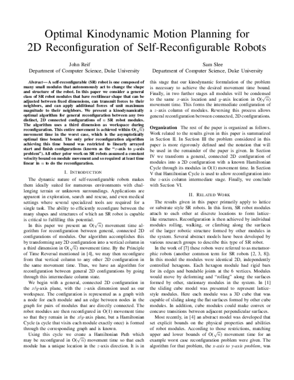 (PDF) Optimal Kinodynamic Motion Planning for 2D Reconfiguration of Self-Reconfigurable Robots