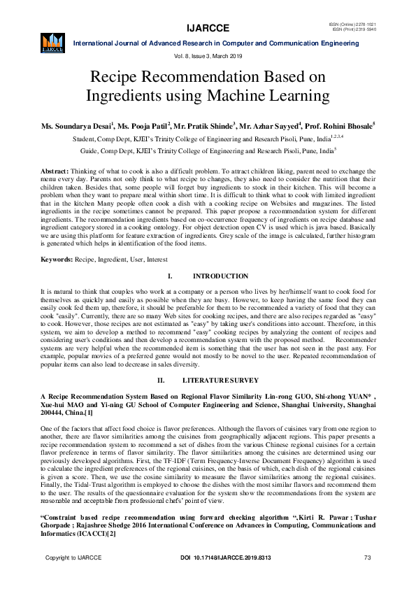 Pdf Recipe Recommendation Based On Ingredients Using Machine Learning