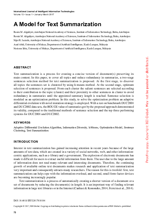 (PDF) A Model for Text Summarization