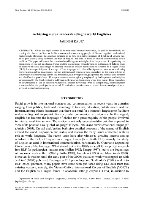 (PDF) Achieving mutual understanding in world Englishes: Achieving ...