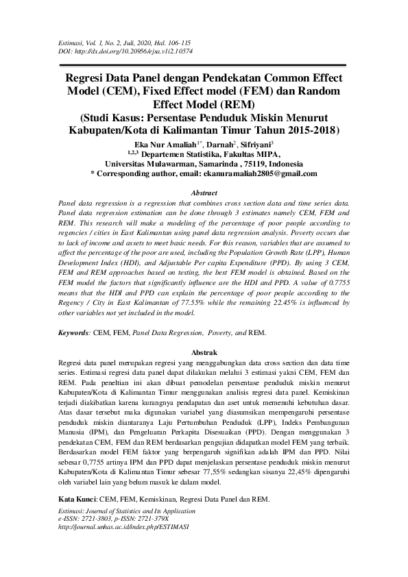 Pdf Regresi Data Panel Dengan Pendekatan Common Effect Model Cem