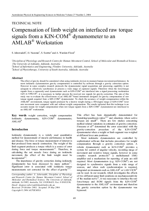 (PDF) Compensation of limb weight on interfaced raw torque signals from ...