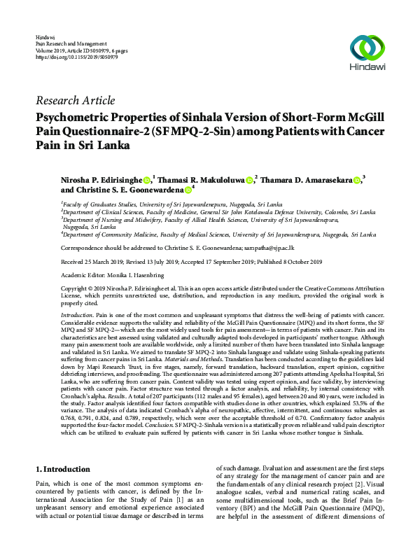 (PDF) Psychometric Properties of Sinhala Version of Short-Form McGill ...